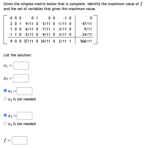 Solved Given the simplex matrix below that is complete. | Chegg.com