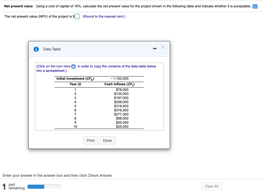Solved Net present value Using a cost of capital of 16%, | Chegg.com