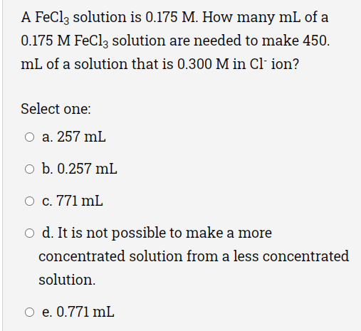Solved A FeCl2 solution is 0.175 M. How many mL of a 0.175 M | Chegg.com