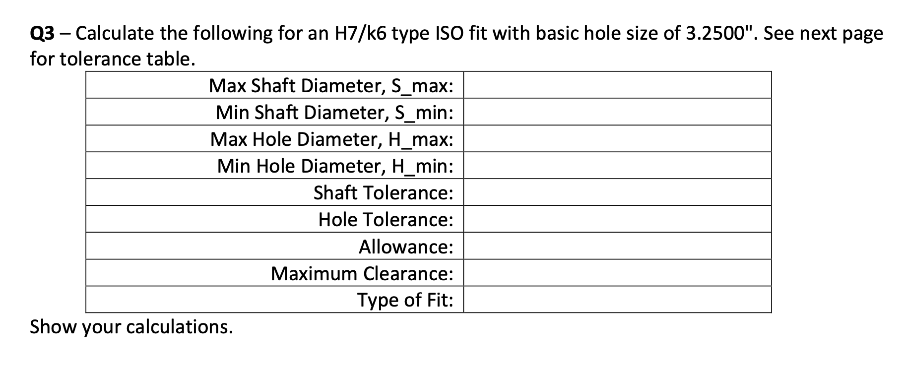 Solved Q3 - Calculate the following for an H7/k6 type ISO | Chegg.com