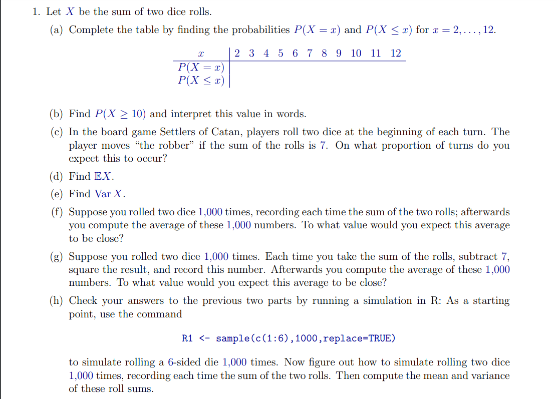 Solved Let X be the sum of two dice rolls. (a) Complete the | Chegg.com