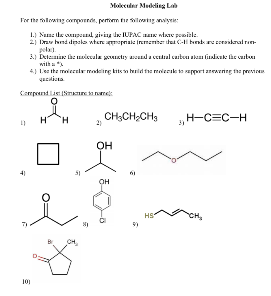 Solved Molecular Modeling Lab For the following compounds, | Chegg.com