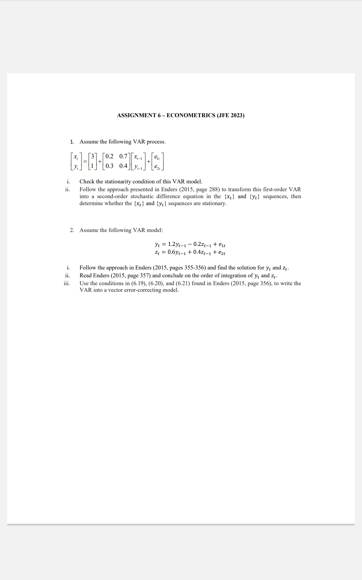 Solved 1. Assume the following VAR process. | Chegg.com