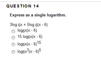 Solved QUESTION 14 Express as a single logarithm. Blog 6x + | Chegg.com