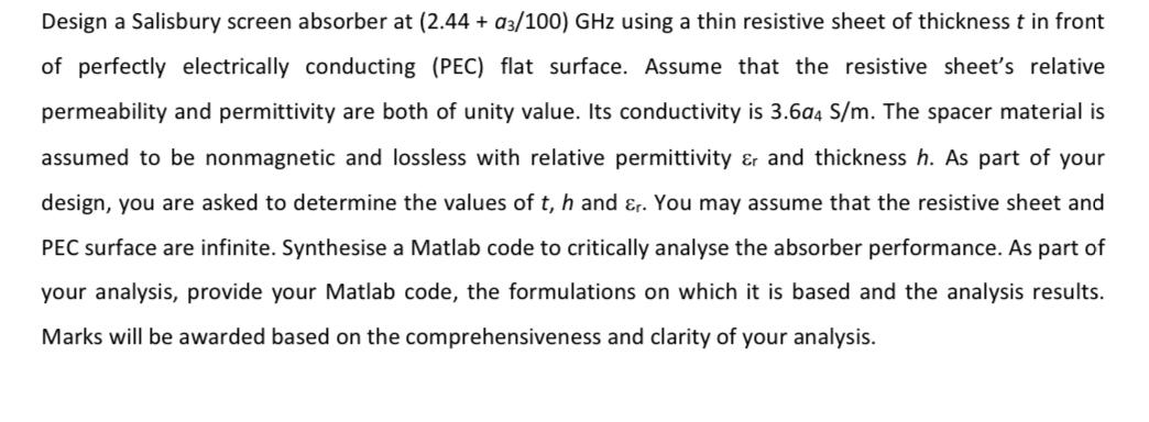 Design a Salisbury screen absorber at | Chegg.com