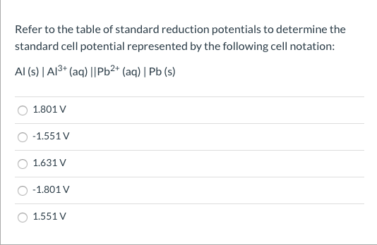 Solved Refer to the table of standard reduction potentials | Chegg.com