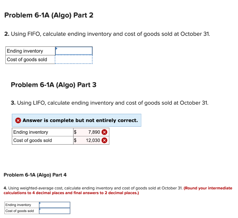 Solved Problem 6-1A (Algo) Calculate ending inventory and | Chegg.com