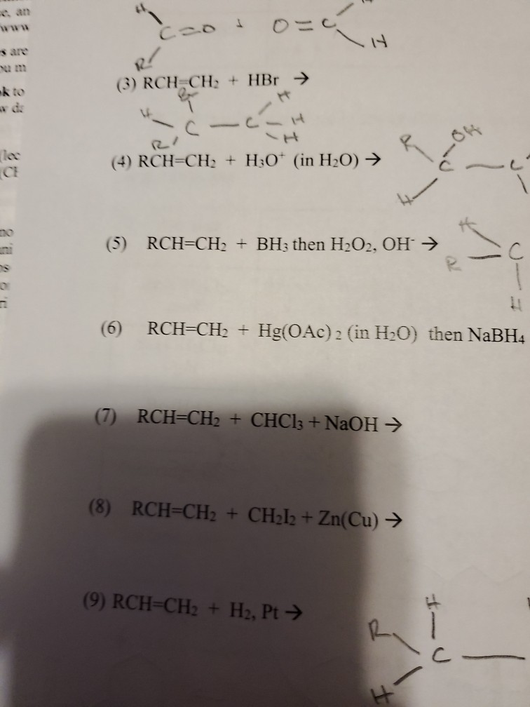 Solved www (3) RCH-CH2 + HBr → R (4) RCH=CH2 + H:0* (in H20) | Chegg.com