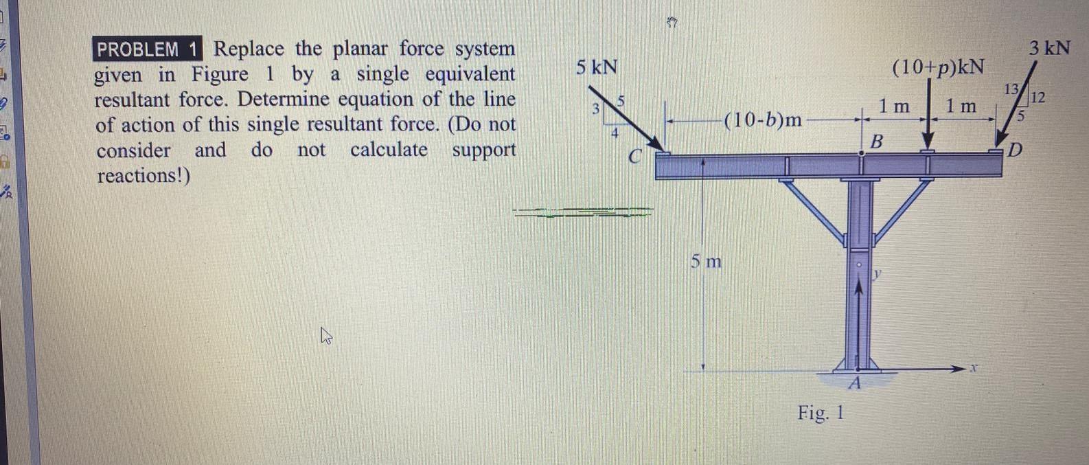 Solved 3 kN 5 kN (10+p)kN 13 5 12 PROBLEM 1 Replace the | Chegg.com
