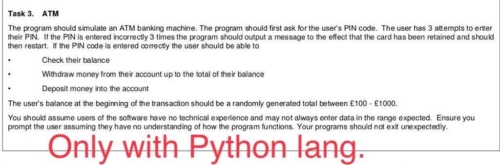 Solved Task 3. ATM The program should simulate an ATM | Chegg.com