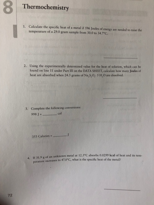 Solved 8 Thermochemistry Calculate the specific heat of a | Chegg.com