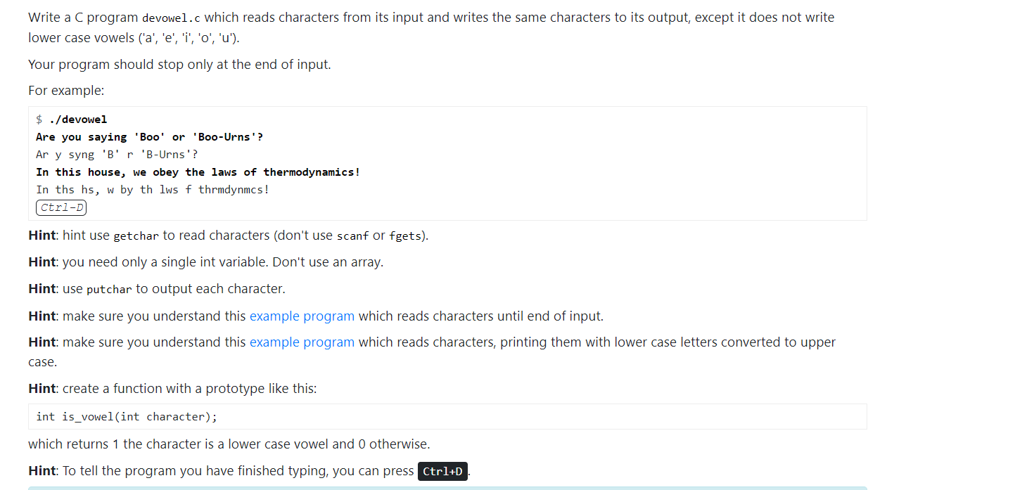 Solved Write a C program devowel.c which reads characters | Chegg.com