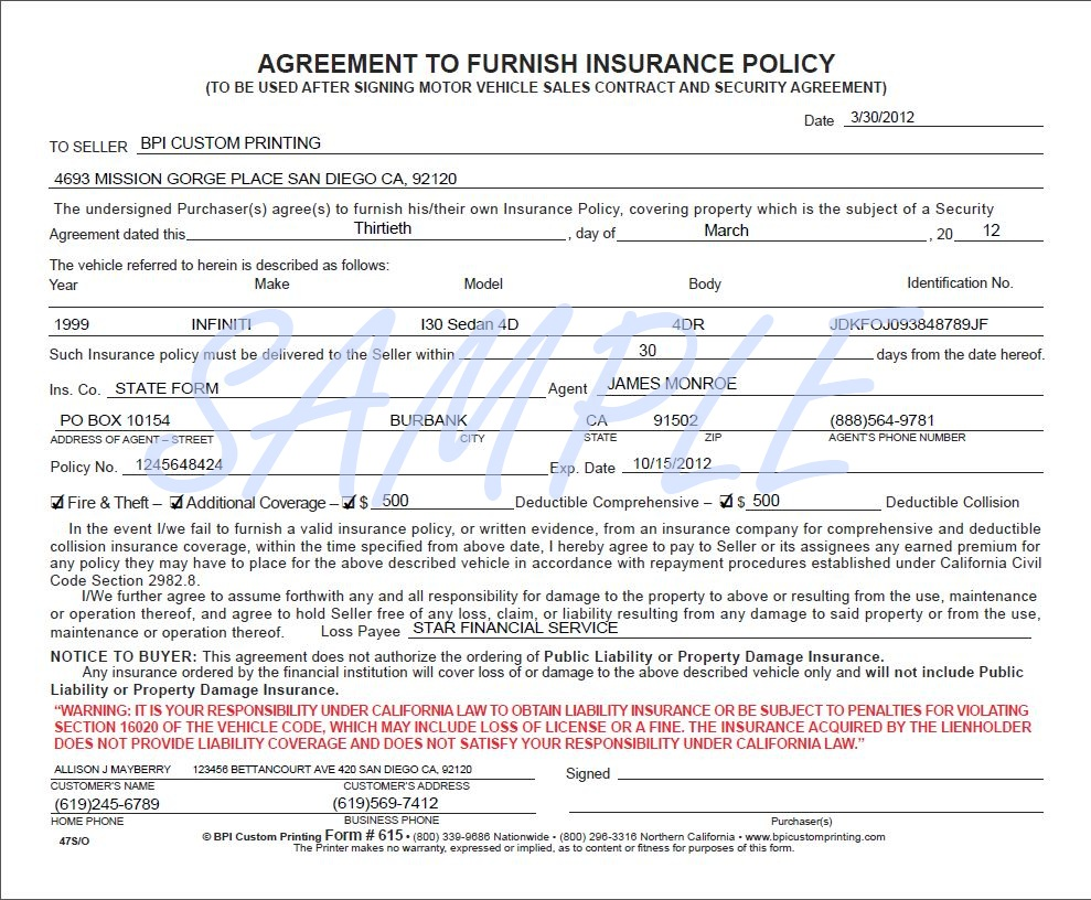 Solved AGREEMENT TO FURNISH INSURANCE POLICY (TO BE USED | Chegg.com