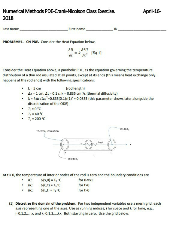 Numerical Methods PDE-Crank-Nicolson Class Exercise. | Chegg.com