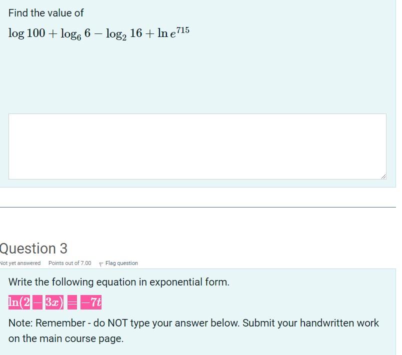 Solved Find the value of log100+log66−log216+lne715 Question | Chegg.com