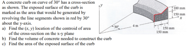Solved 100 mm 150 mm x A concrete curb on curve of 30° has a | Chegg.com