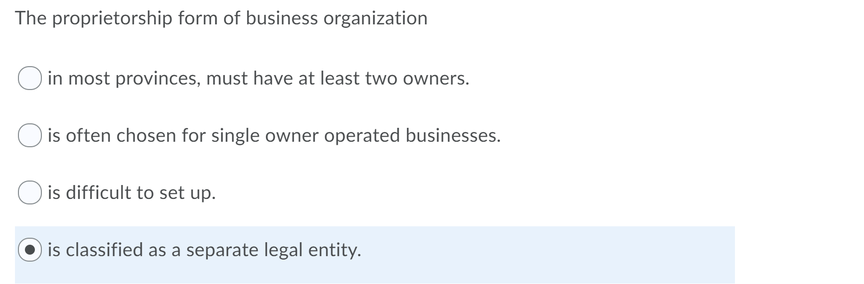 Solved The proprietorship form of business organization O in | Chegg.com