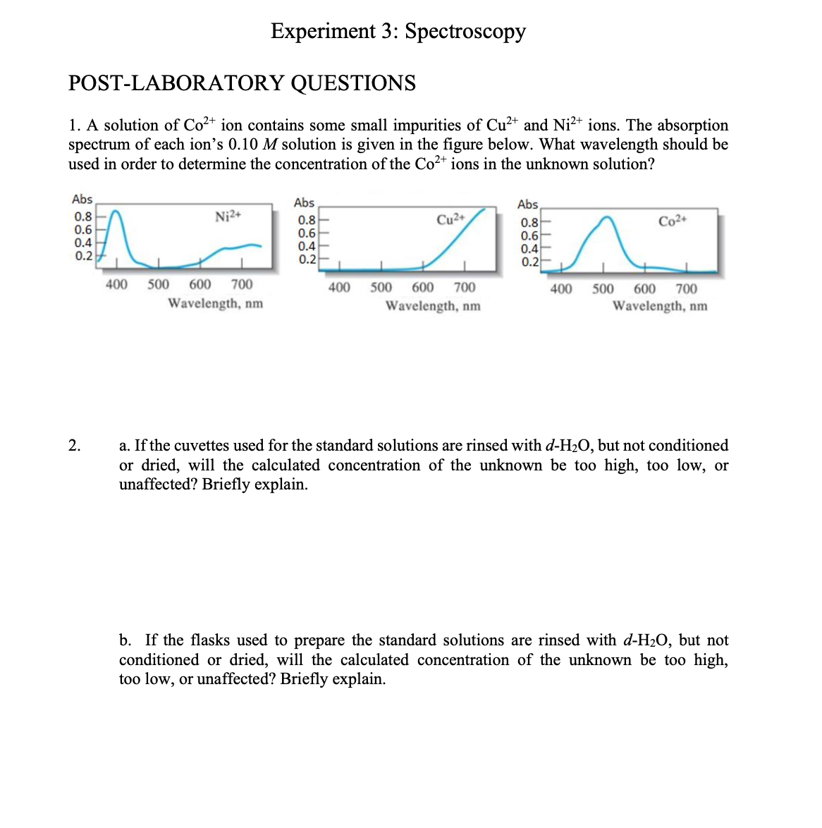 Solved Experiment 3: Spectroscopy POST-LABORATORY QUESTIONS | Chegg.com