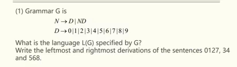 Solved (1) Grammar G is N → D|ND D0|1|2|3|41516171819 What | Chegg.com