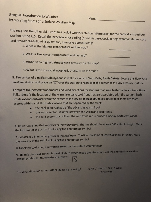 Solved Geog140 Introduction to Weather Interpreting Fronts | Chegg.com