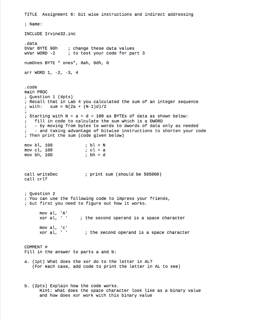 Solved TITLE Assignment 6: bit wise instructions and | Chegg.com