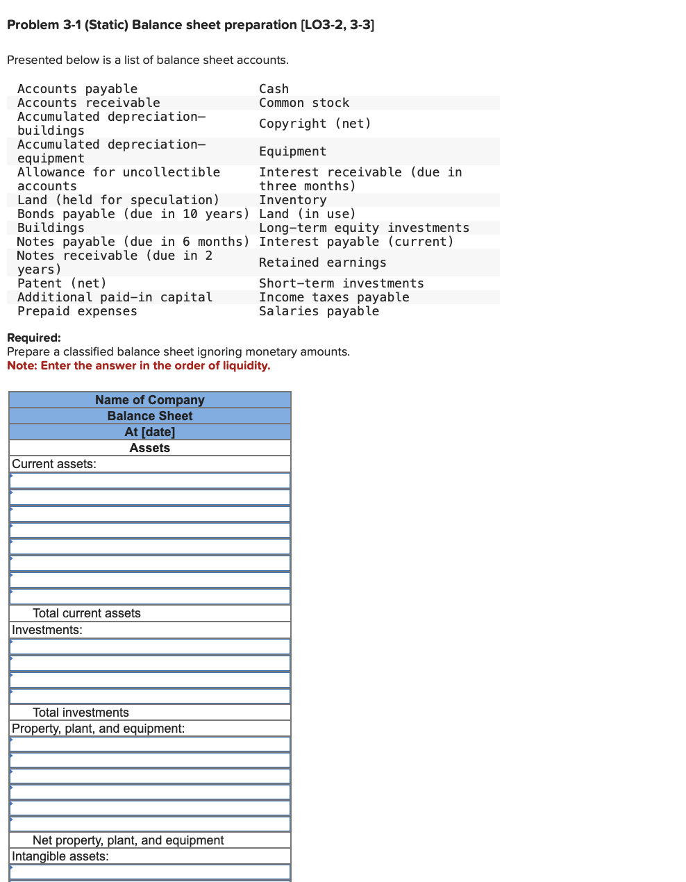 Solved Problem 3-1 (Static) Balance sheet preparation | Chegg.com