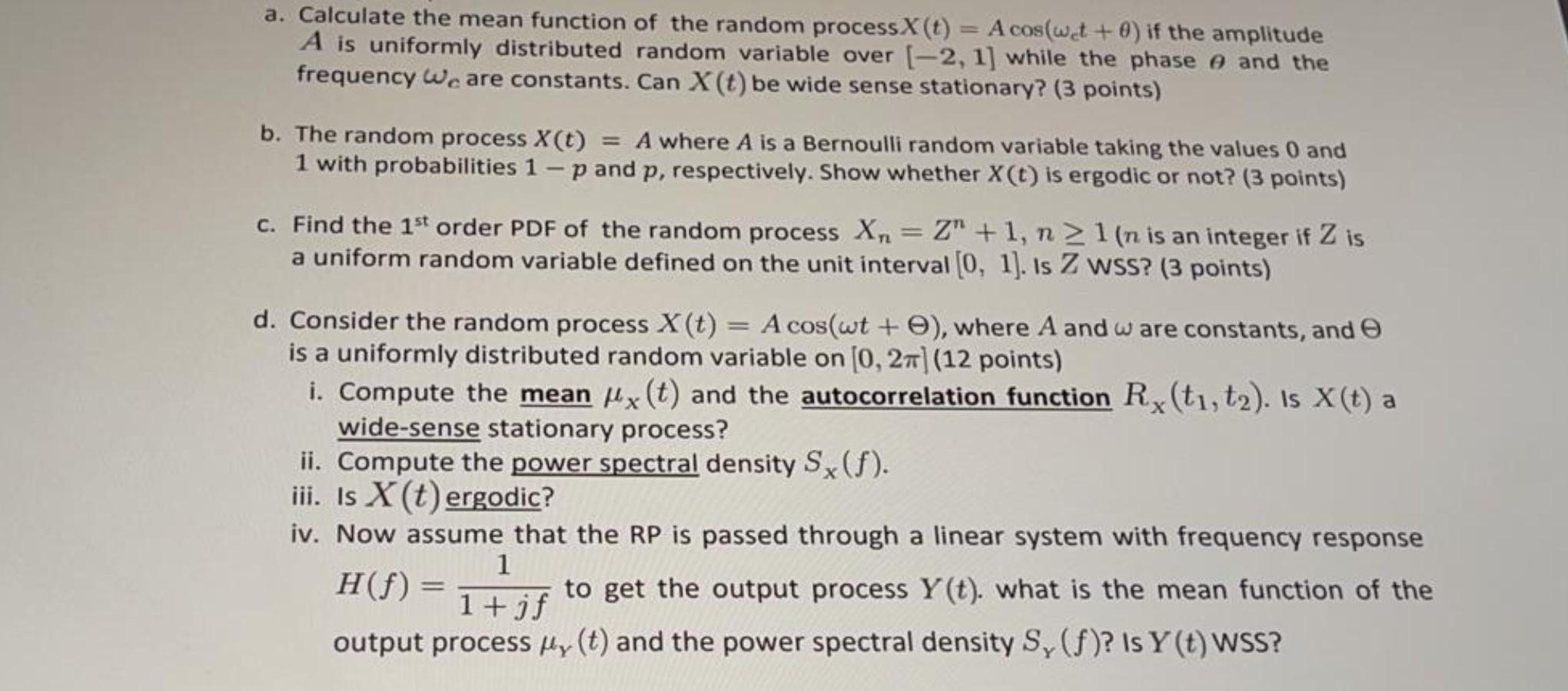 a. Calculate the mean function of the random process | Chegg.com
