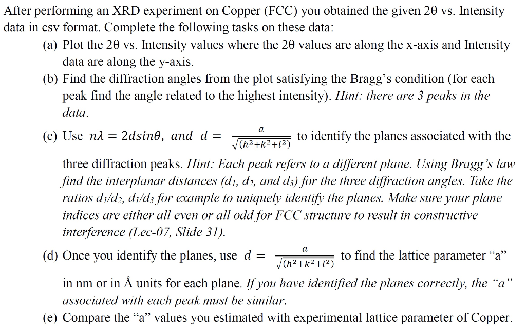 After performing an XRD experiment on Copper (FCC) | Chegg.com