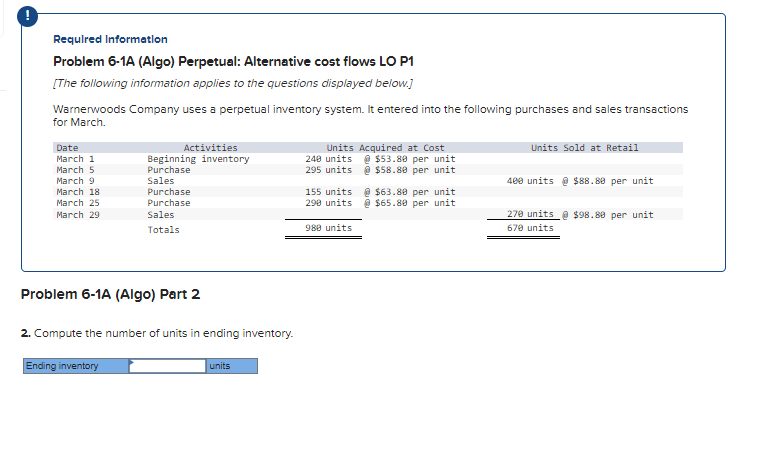 Solved . Required Information Problem 6-1A (Algo) Perpetual: | Chegg.com