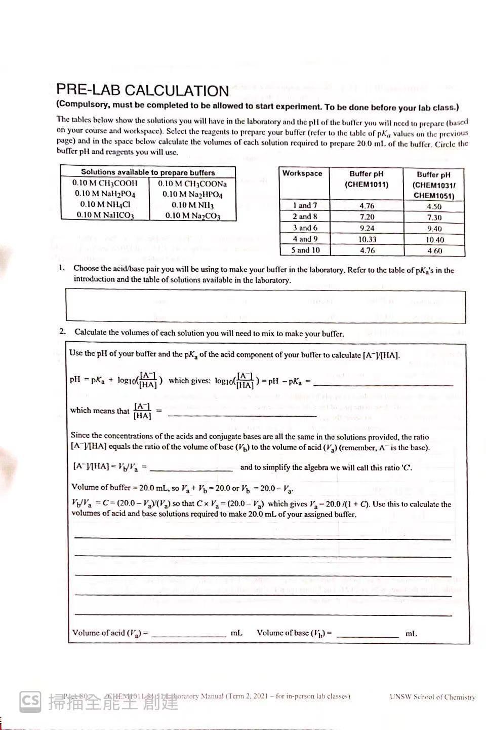 PRE-LAB CALCULATION (Compulsory, must be completed to | Chegg.com