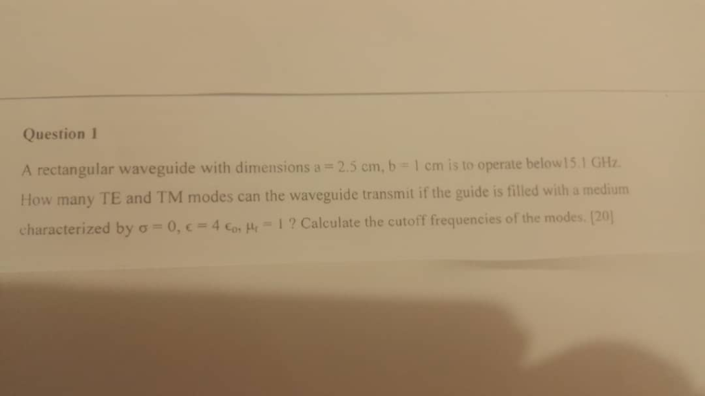 Solved Question 1 A rectangular waveguide with dimensions a | Chegg.com