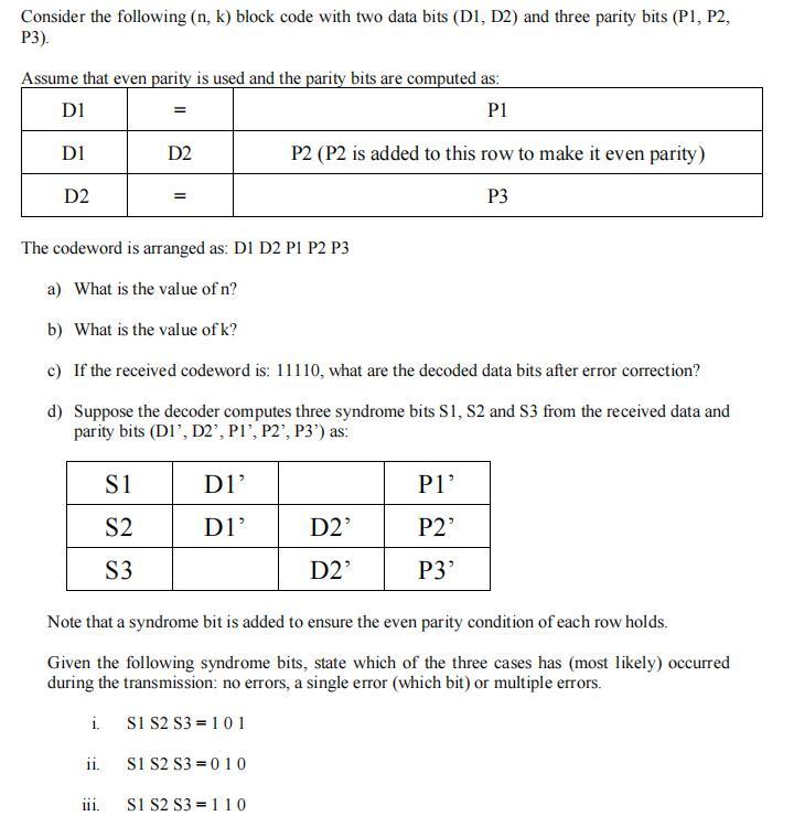 Solved Consider The Following N K Block Code With Two 