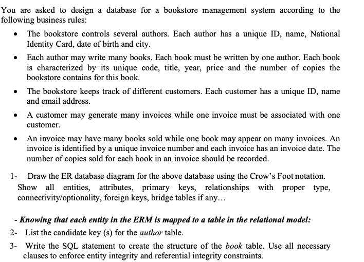 Solved You are asked to design a database for a bookstore | Chegg.com