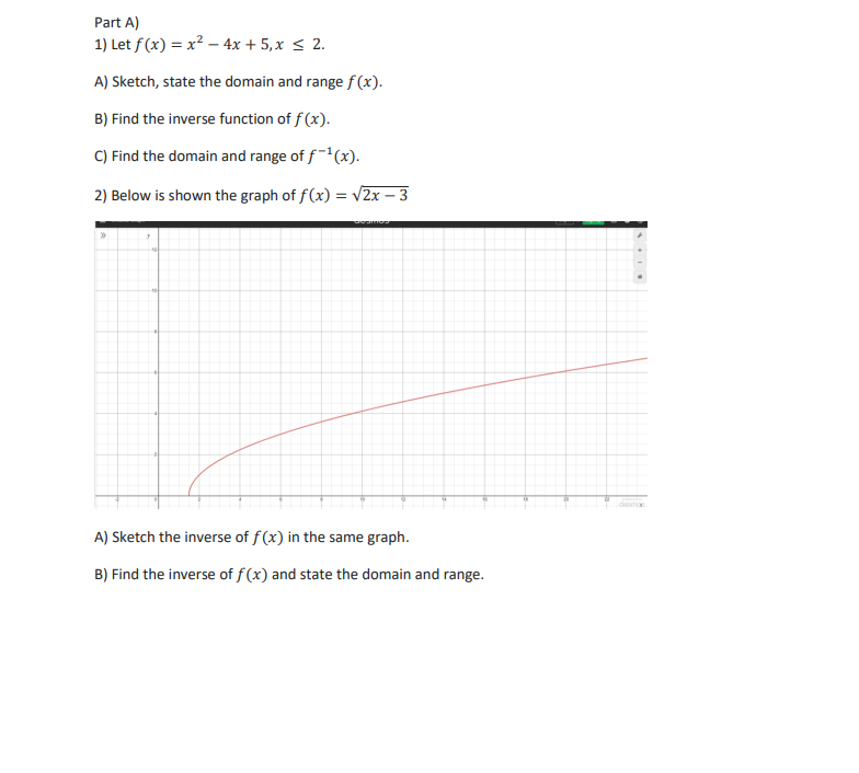 Solved Part A) 1) Let f(x)=x2−4x+5,x≤2. A) Sketch, state the | Chegg.com