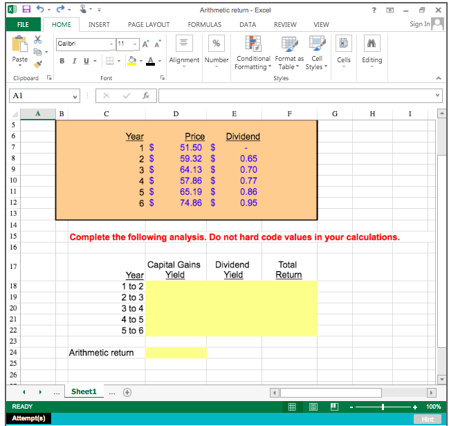 Solved Arithmetic return - Excel 5 FILE HOME INSERT PAGE | Chegg.com