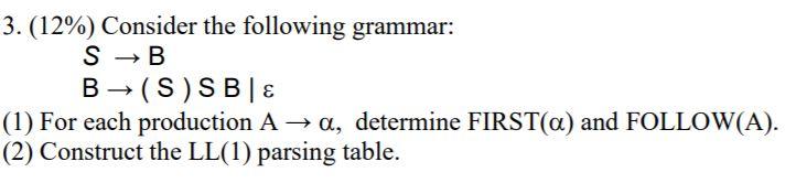 Solved 3. (12%) Consider the following grammar: S → B B → | Chegg.com