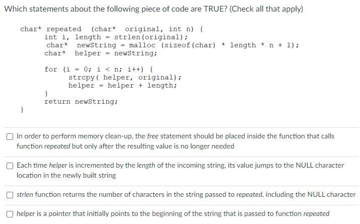 Solved Which statements about the following piece of code | Chegg.com