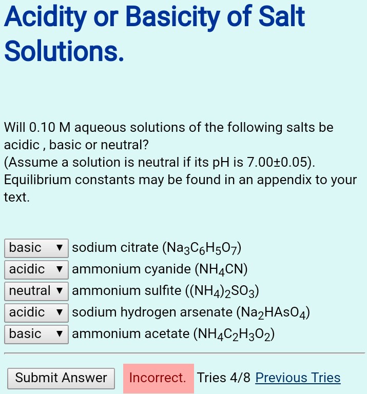 Solved Acidity or Basicity of Salt Solutions. Will 0.10 M | Chegg.com