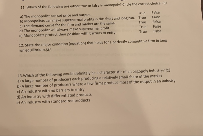 Solved 11. Which of the following are either true or false | Chegg.com