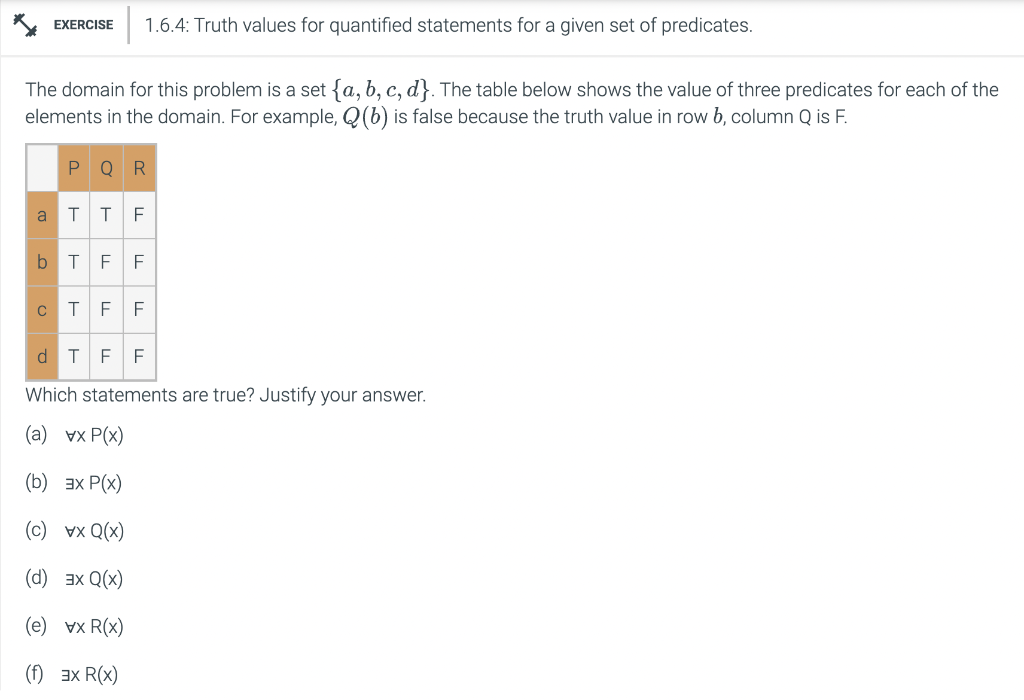Solved EXERCISE 1.6.4: Truth values for quantified | Chegg.com