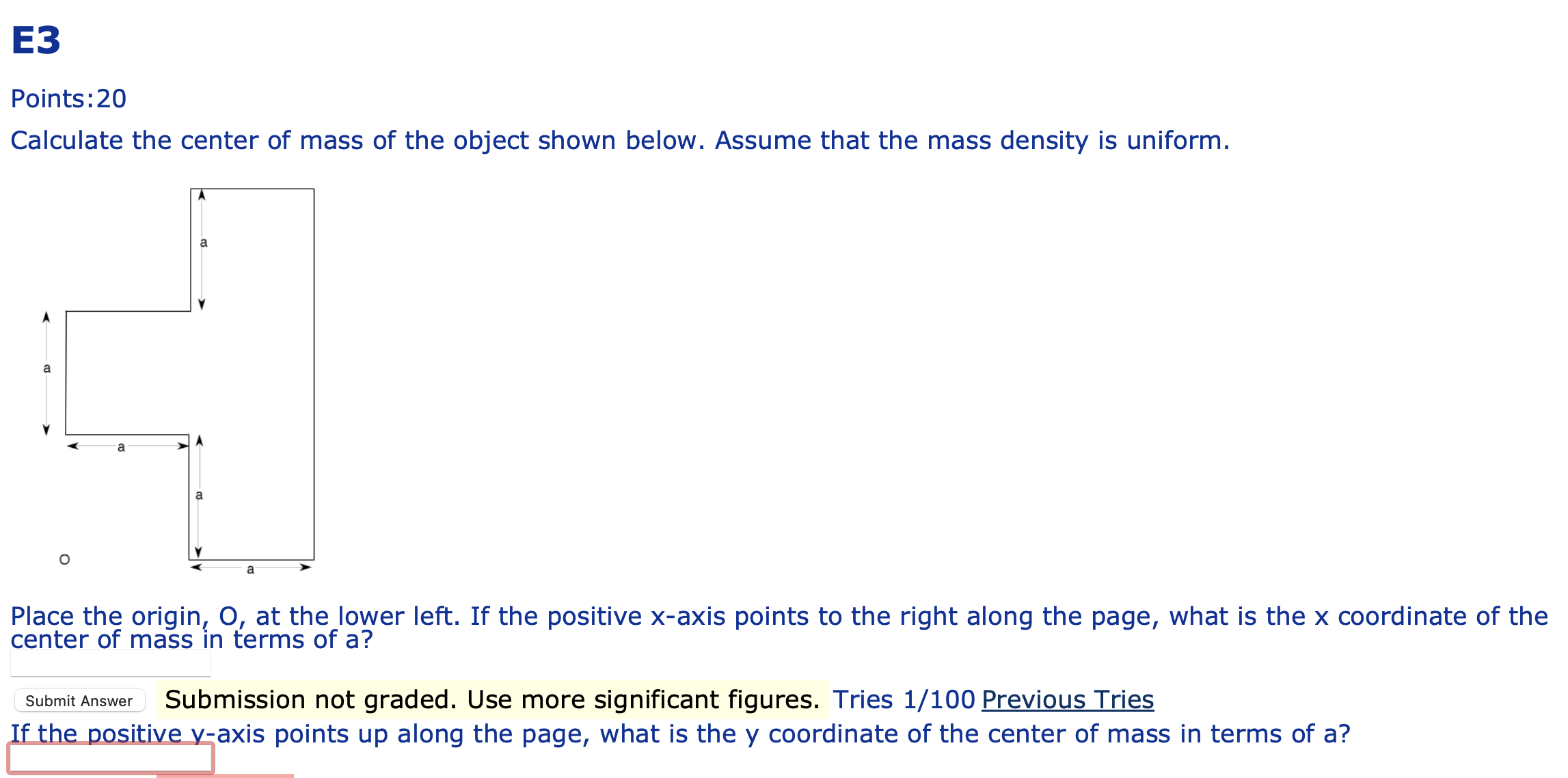 Solved E3Points:20Calculate the center of mass of the object | Chegg.com