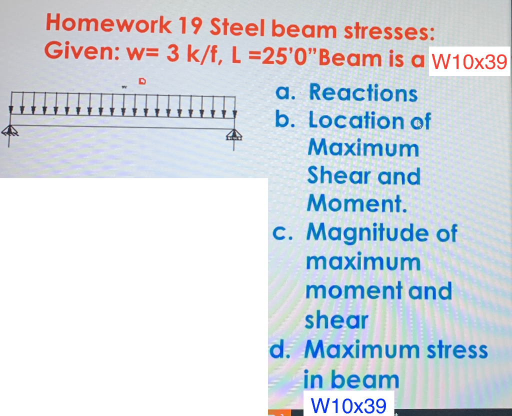 Solved ( A O A Homework 19 Steel beam stresses: Given: w= 3 | Chegg.com