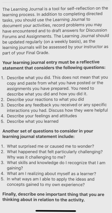 Solved The Learning Journal is a tool for self-reflection on | Chegg.com
