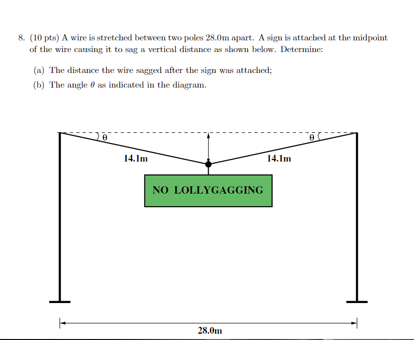 Solved 8. (10 pts) A wire is stretched between two poles | Chegg.com