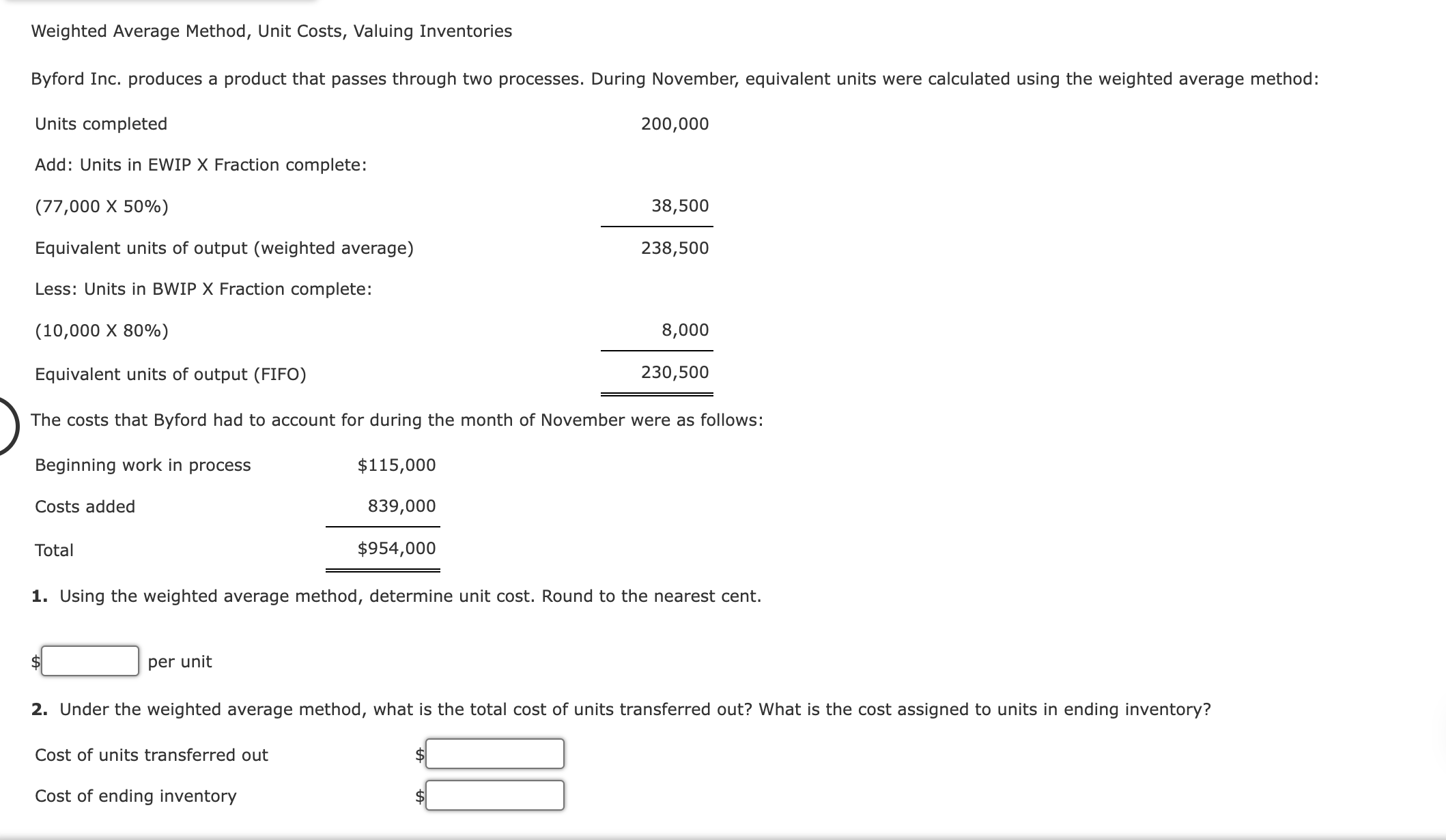 Solved Weighted Average Method, Unit Costs, Valuing | Chegg.com