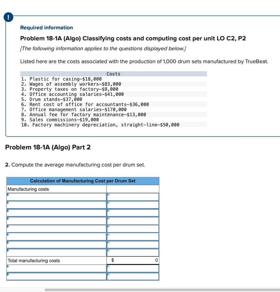 Solved Problem 18-1A (Algo) Classifying costs and computing | Chegg.com