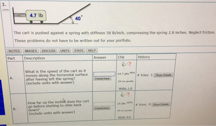 Solved 3. 1773 4.7 lb 40 The cart is pushed against a spring | Chegg.com
