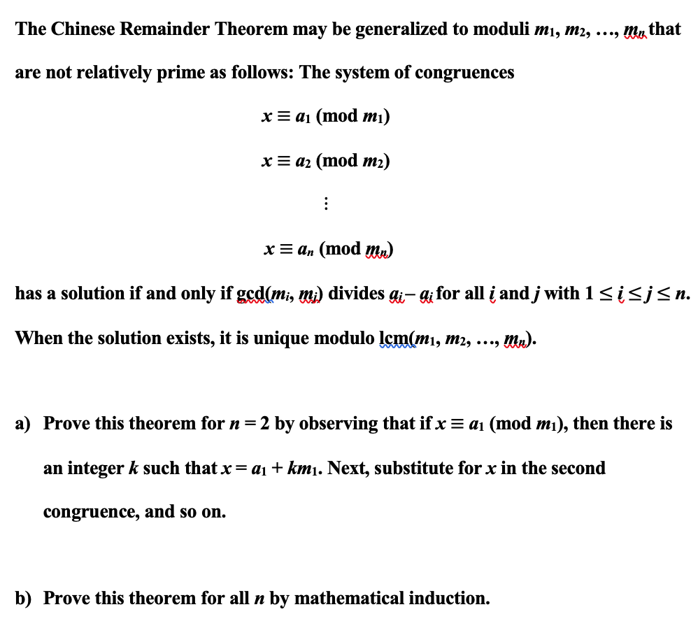 Solved The Chinese Remainder Theorem may be generalized to | Chegg.com