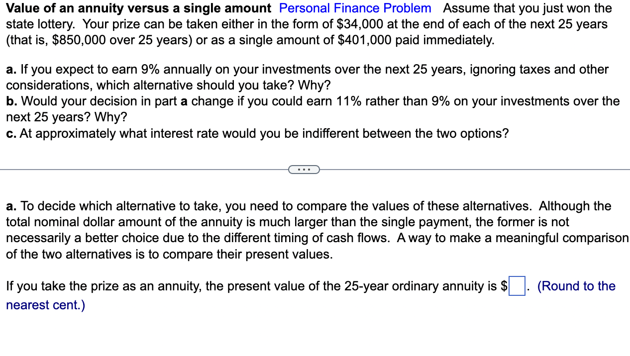 Solved Value of an annuity versus a single amount Personal | Chegg.com