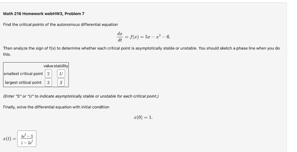Solved Math 216 Homework webHW3, Problem 7 Find the critical | Chegg.com